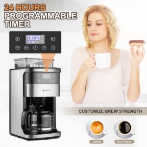 Homtone 10-Cup Coffee Maker with Burr Grinder Built-in,Programmable Grind & Brew, Smart LED Touchscreen Auto Drip Machine, 950W, Black/Stainless Steel, Customizable Strength & Grind Size