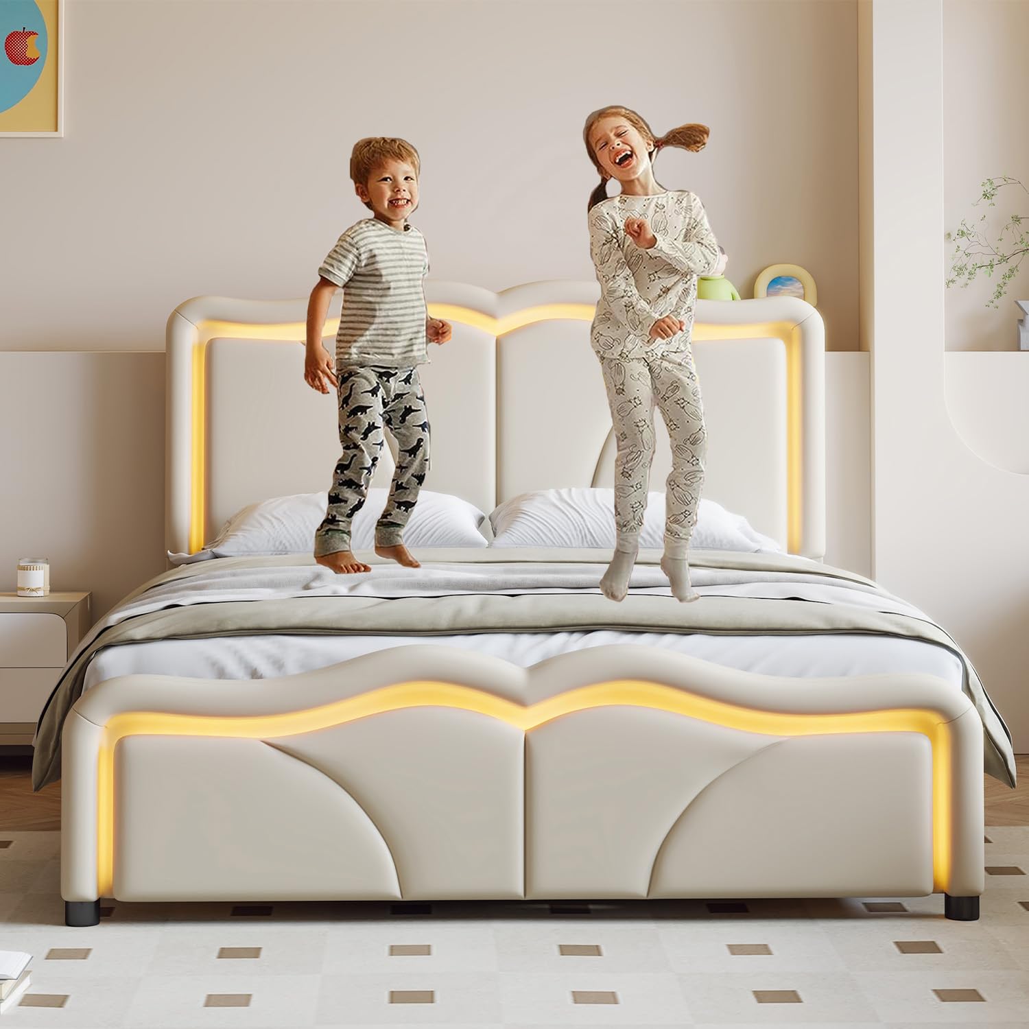 Full Size PU Upholstered Platform Bed,Bed Frame with LED Lights,Bedstead with Adjustable Headboard Height,Suitable for Kids Teenagers, Boys, Girls No Box Spring Needed, Easy Assembly (White, Full)