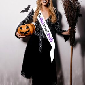 This Witches is Getting Hitched Sash - White Sash Black Purple Foil Lettering - Halloween Theme Bachelorette Bachelor Engagement Wedding Bridal Shower Party Sash - Hen Marriage Event Party Supplies