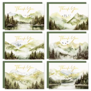 whaline 48 pack watercolor forest thank you card with envelope sticker gold foil green mountains lake bird greeting cards blank note cards for baby shower birthday wedding, 4 x 6 inch