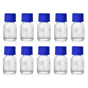 kestun 10 packs reagent media storage bottles, 25ml borosilicate glass graduated round bottles with gl25 blue screw cap for lab water reagent liquids (clear, 25ml)