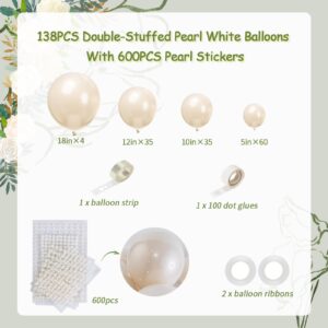 134PCS Pearl White Double-Stuffed Balloons Garland Arch Kit With 600PCS Pearl Stickers,18/12/10/5 inch Different Size Pearl Ivory Balloons for Wedding Bridal Shower Engagement Decorations