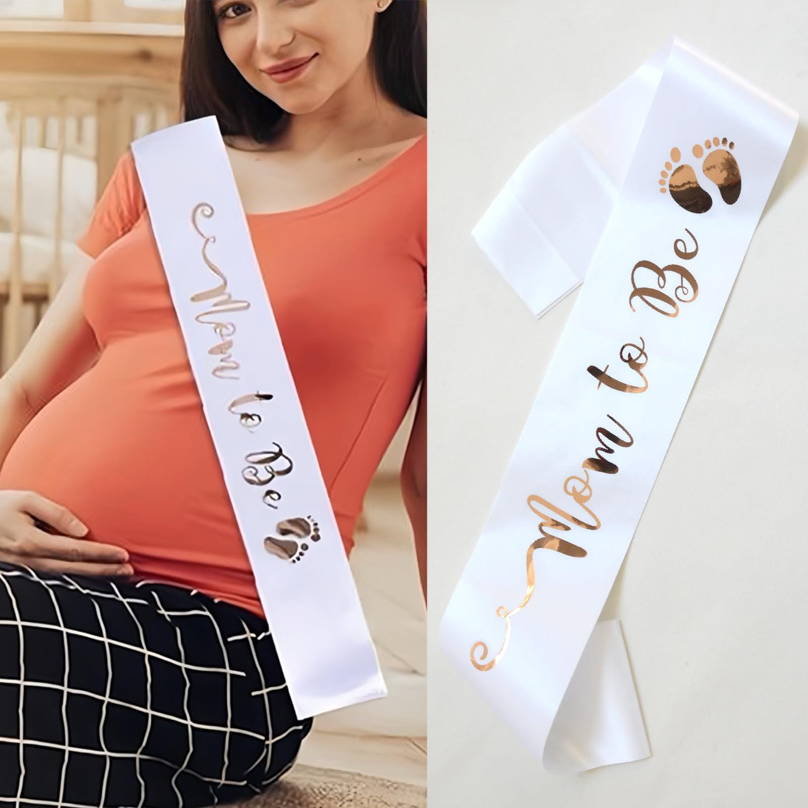 Luwigs Mom to Be Sash White Satin Sash with Gold Letter Best Baby Shower Mommy Decorations Mother Gifts Gender Reveal Welcome Baby (White)