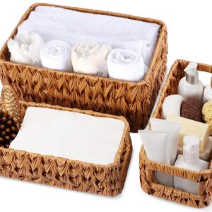 XLHOMO Bathroom Wicker Baskets Large for Shelves, Organizing, Waterproof Woven Storage with Handle for Toilet Shelf Baskets, Laundry Room, 3-Pack (Caramel, Large)