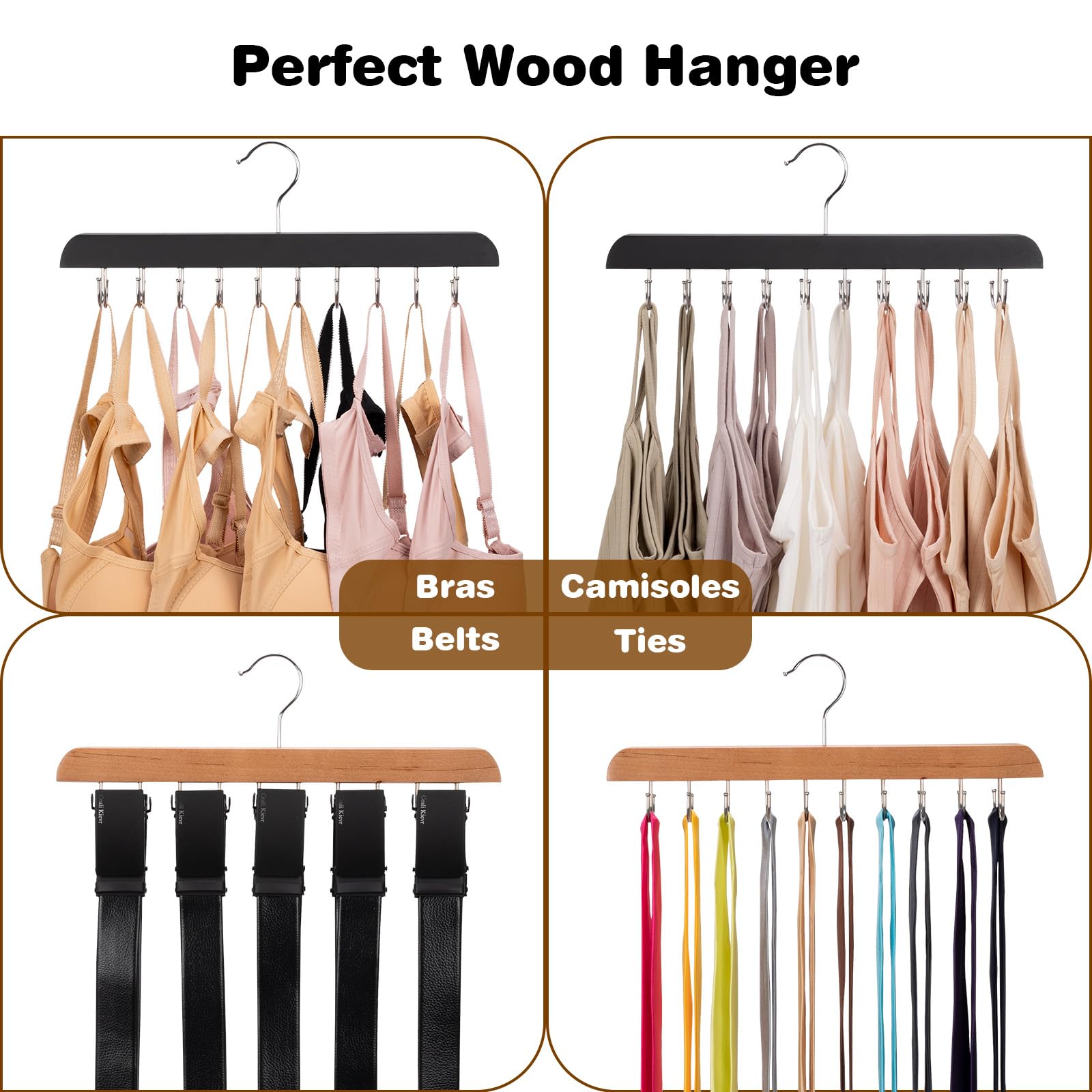 XCX Tank Top Hanger with Rotable Metal Hooks, Wooden Rotatable Bra Hanger, Closet Hanger Organizer for Bras, Camisoles, Bathing Suits, Belts, Carves, Ties (Wood, 2 Pack)