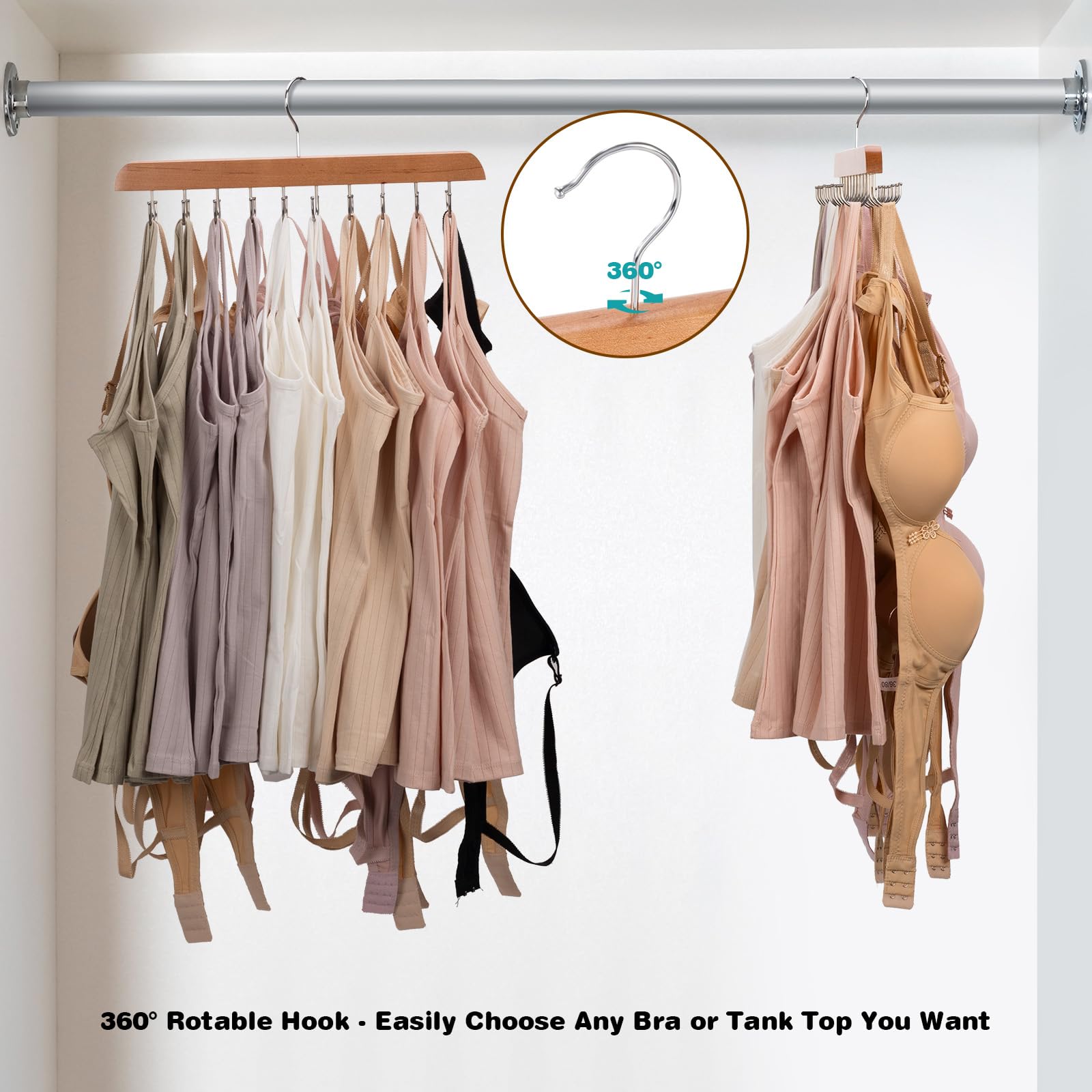 XCX Tank Top Hanger with Rotable Metal Hooks, Wooden Rotatable Bra Hanger, Closet Hanger Organizer for Bras, Camisoles, Bathing Suits, Belts, Carves, Ties (Wood, 2 Pack)