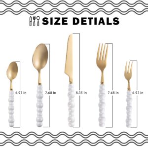 ROSOS Pearl Silverware Set Cutlery for 5 PCS, Premium Pearl Ceramic Handles Knife Forks and Spoons Silverware Set for Daily Use and Party, Gold Flatware Set, Silverware Tableware Set, White