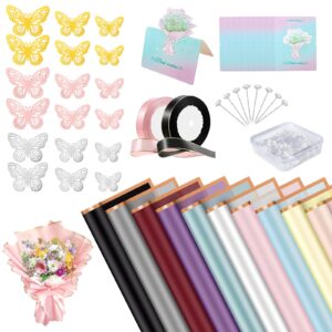 reaxyznn 235 pcs bouquet wrapping paper waterproof flower wrapping paper for diy craft, florist supplies with bouquet pin butterfly decoration ribbons greeting cards for wedding birthday present (10 colors)