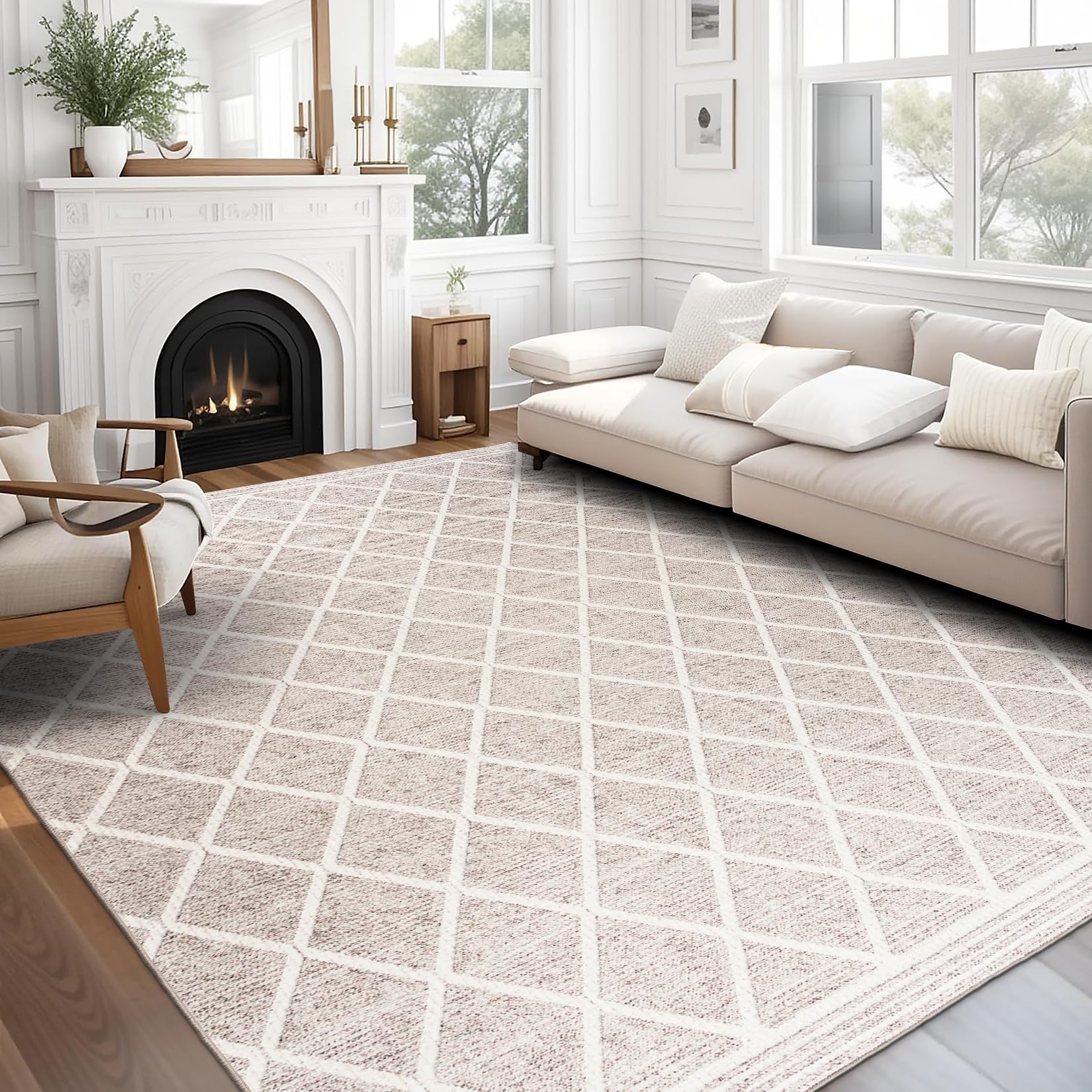 ReaLife Machine Washable Area Rug - Living Room Bedroom Bathroom Kitchen Entryway Office - Padded Crease Free Stain Resistant Premium - Boho Modern Farmhouse - Tessa- Beige Ivory - 2'x 3'