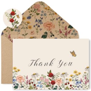 jarthenaamcs 50 pack wildflower thank you cards vintage flower greeting cards floral blank note cards with kraft envelope sticker for birthday wedding bridal shower, 4 x 6 inch