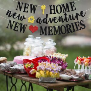 New Home New Adventure New Memories Banner, New Home New Chapter/Sweet Home/Our First Home Housewarming Party Backdrop, Pre-strung New Couple/Housewarming/Family Reunion Party Bunting Sign, Black Glitter