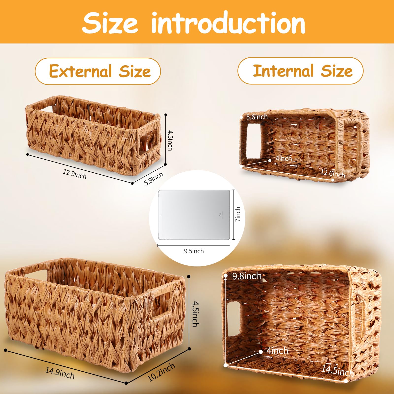 XLHOMO Bathroom Wicker Baskets Large for Shelves, Organizing, Waterproof Woven Storage with Handle for Toilet Shelf Baskets, Laundry Room, 3-Pack (Caramel, Large)