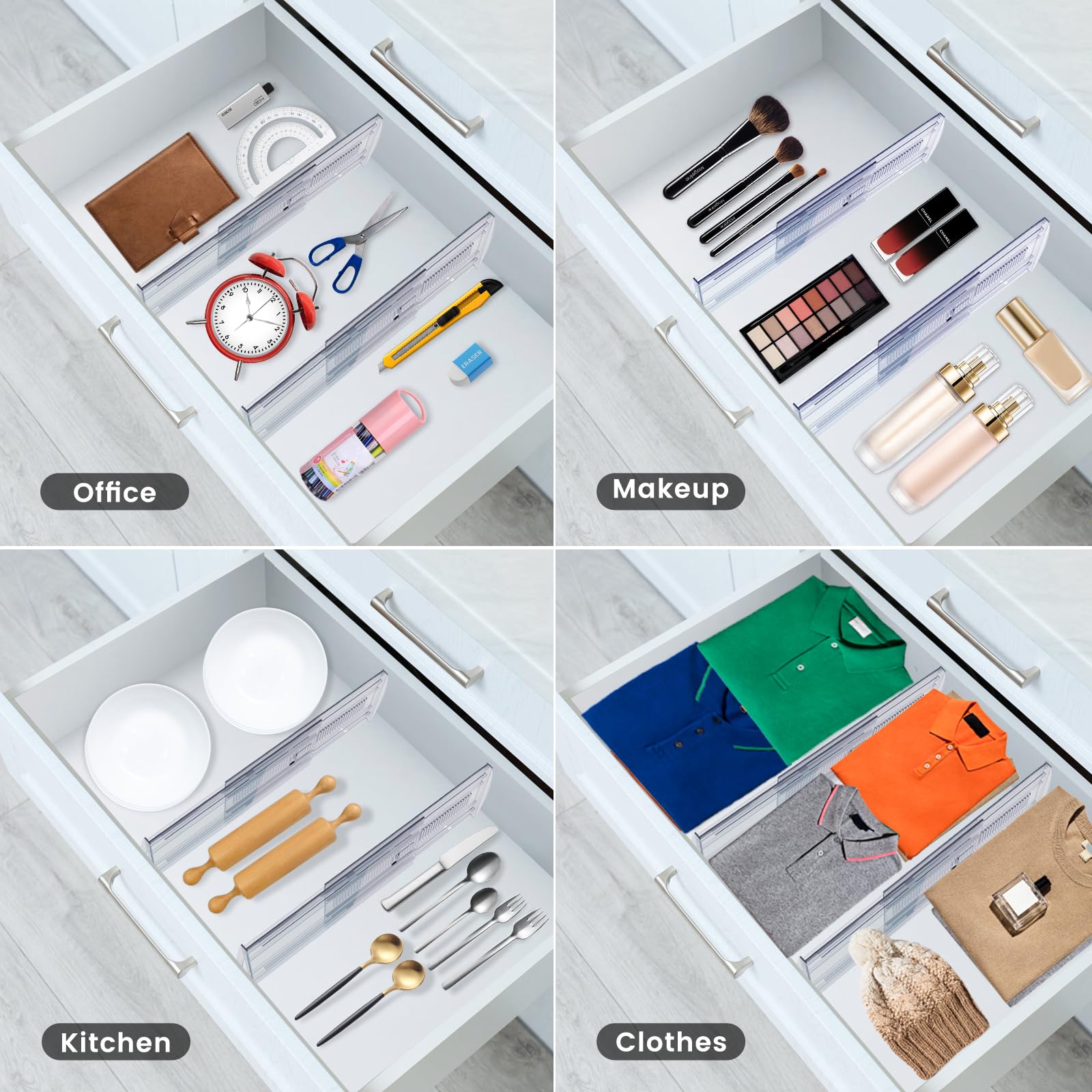 Adjustable Deep Drawer Organizers for Clothes,3 Pack Clear Drawer Dividers , 5" High, 13-22",PC Plastic Expandable Dresser Separators in Bedroom/Bathroom/Kitchen/Fridge/Office Organization and Storage