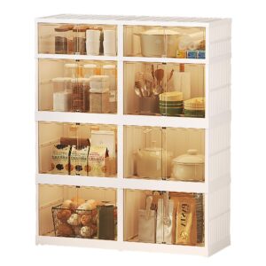 luoxiao plastic storage cabinet collapsible storage bins with doors 4 tier 8 grids foldable storage boxes with wheels stackable closet organizer for kitchen bathroom enterway white