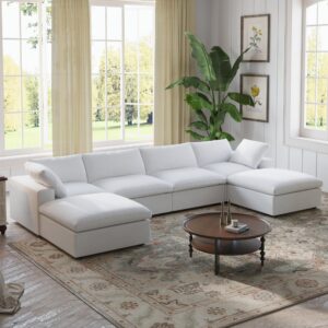 Large Modular Sectional Sofa,160.6" Cloud U-Shaped Couch,Down Filled 4 Seater with 2 Ottoman and 5 Pillows,Removable Cover &Cushion (White)