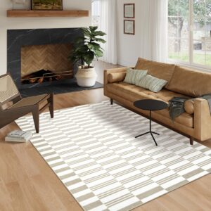 livebox machine washable area rugs 5x7 - soft checkered modern rugs for bedroom, non-slip neutral rug for living room, low-pile farmhouse rug for dining room office hall, tan/beige