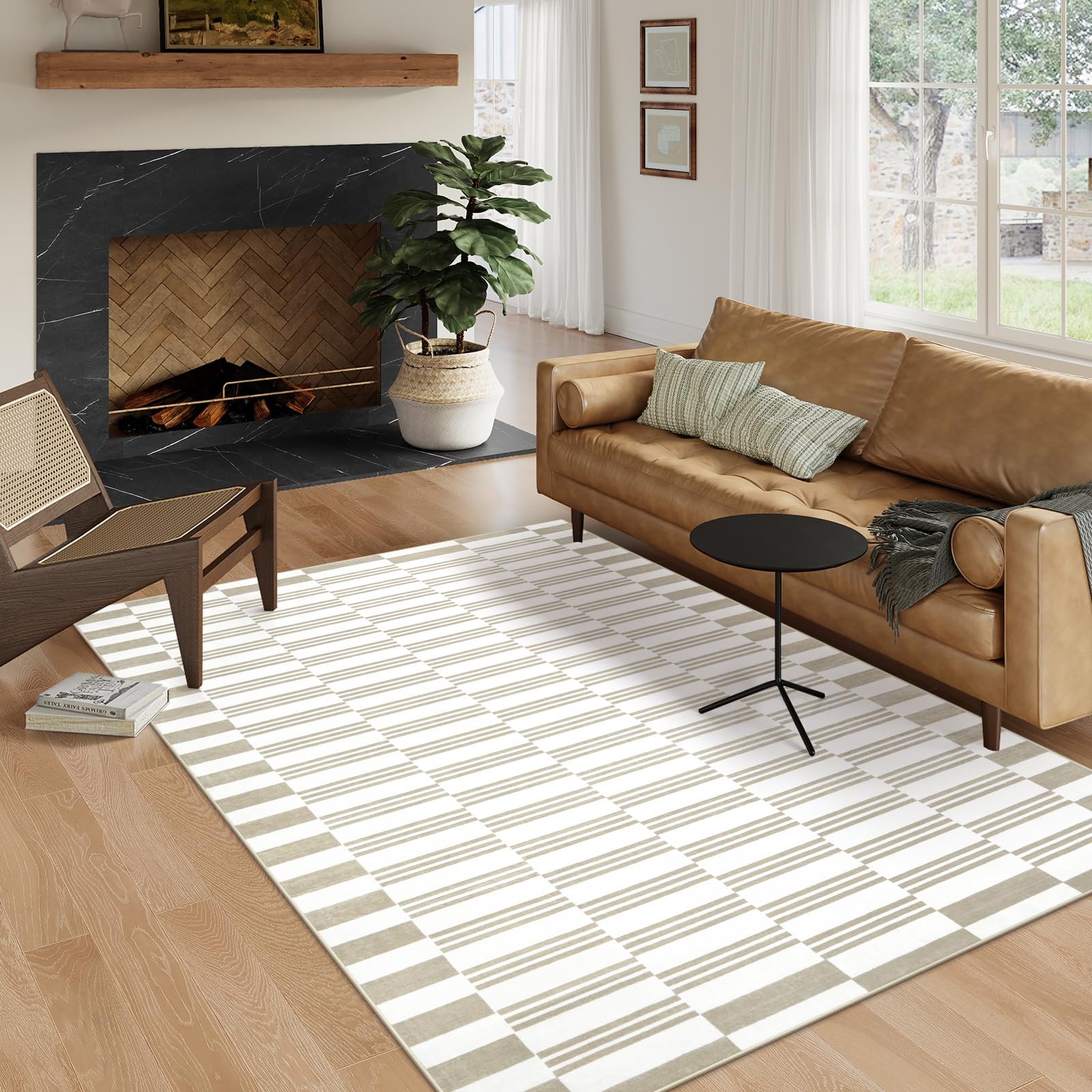 LIVEBOX Machine Washable Area Rugs 5x7 - Soft Checkered Modern Rugs for Bedroom, Non-Slip Neutral Rug for Living Room, Low-Pile Farmhouse Rug for Dining Room Office Hall, Tan/Beige