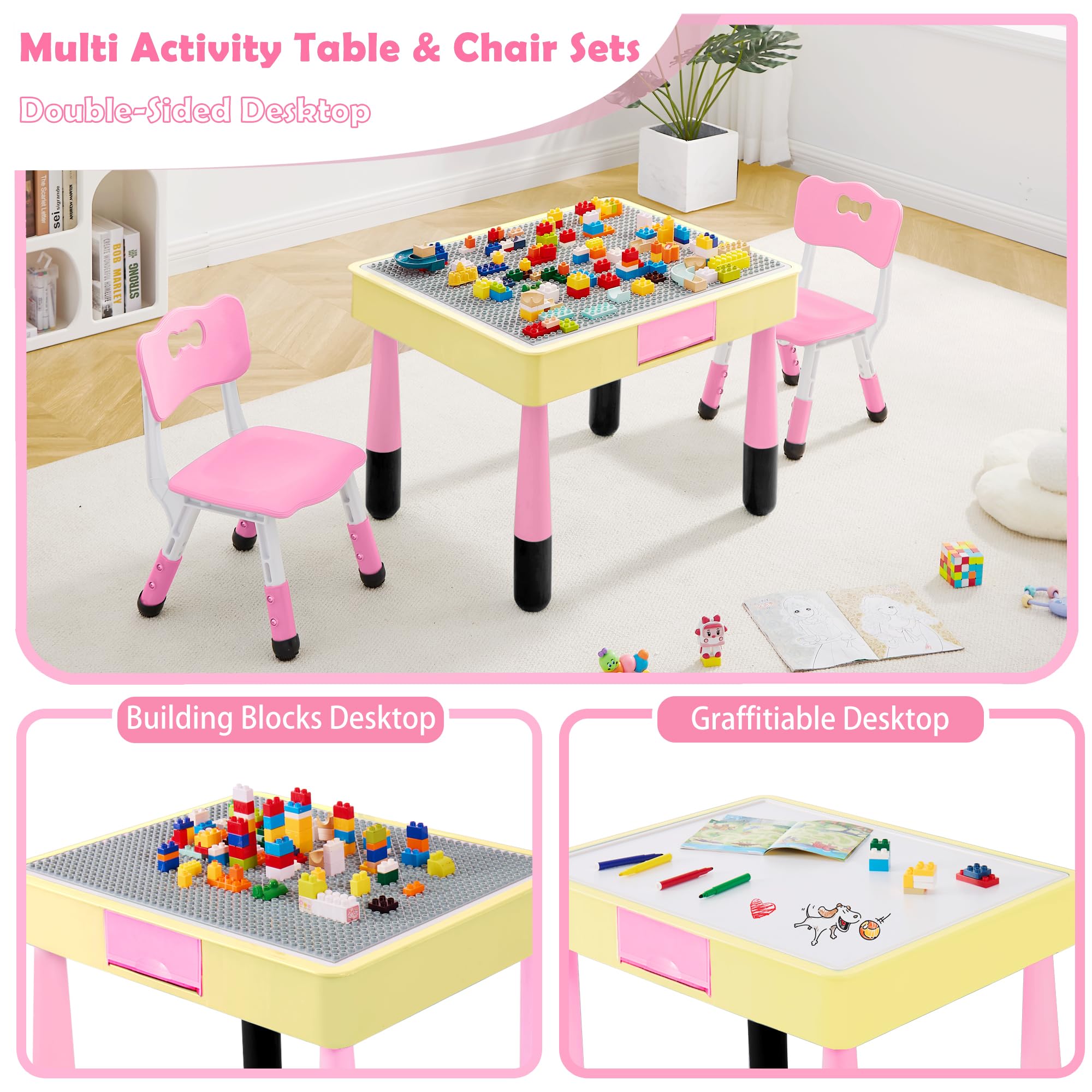 GITAWUSA 4 in 1 Kids Table and Chairs Set, Toddler Table and Chair Set for Kids Ages 3-10, 29.5" L x 23.6" W Activity Table w/Storage, Graffiti & Building Blocks Double-Sided Tabletop, Lovely Pink