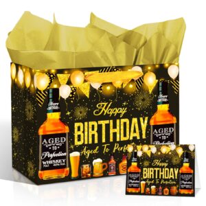 whiskey birthday gift bag for men whiskey birthday wrapping paper bag with card tissue paper whiskey present bag beer themed 30th 40th 50th 60th 70th 80th birthday gifts for him party decorations