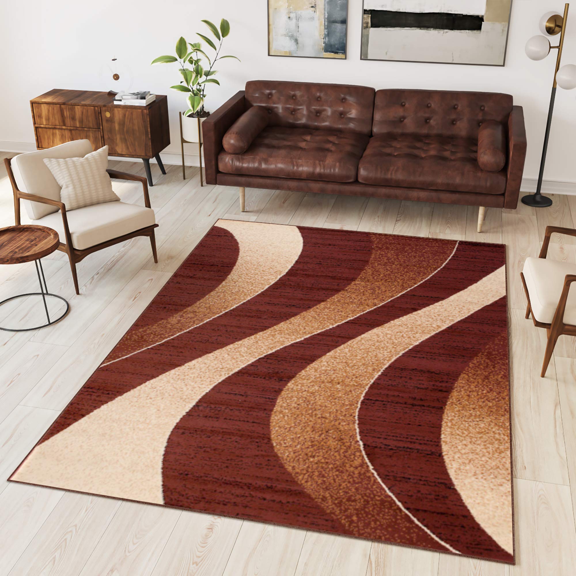 TAPISO Argos Area Rug 5x8 ft - Soft, Non-Shedding, Modern Waves, Durable Carpet for Living Room, Bedroom, Brown Beige 150x240 cm