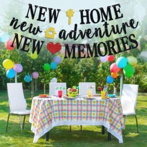 New Home New Adventure New Memories Banner, New Home New Chapter/Sweet Home/Our First Home Housewarming Party Backdrop, Pre-strung New Couple/Housewarming/Family Reunion Party Bunting Sign, Black Glitter