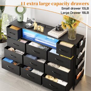 Fixwal Black Dresser for Bedroom with Power Outlets and LED Lights 11 Drawers Dresser with Side Pocket for Kids Bedroom, Fabric Chest of Drawers, for 60inch TV Long Dresser Storage Organizer