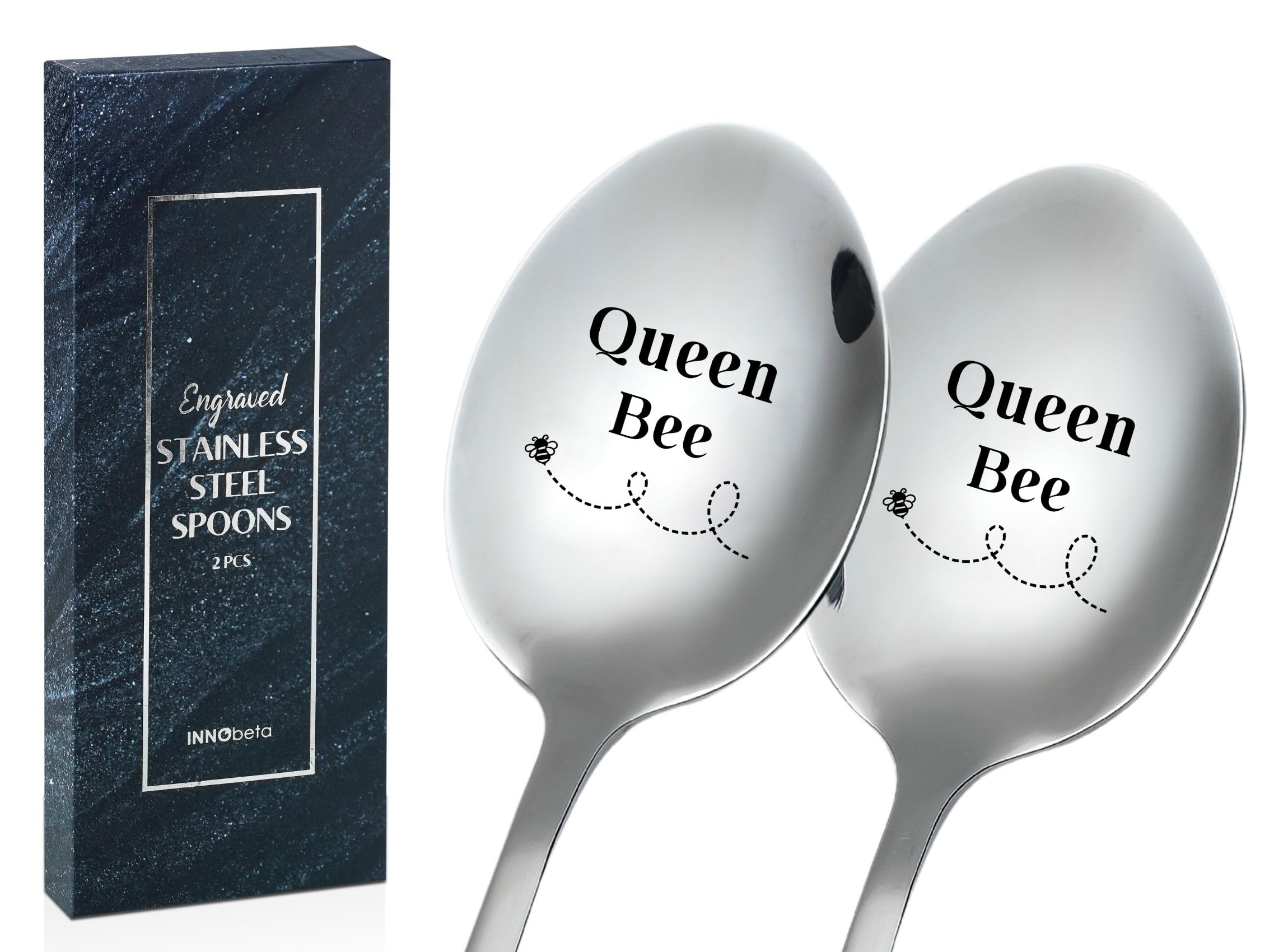 INNObeta Bee Gifts for Women, Engraved Ice Cream Spoons, 2 Pcs Stainless Steel Coffee Spoon, Queen Bee