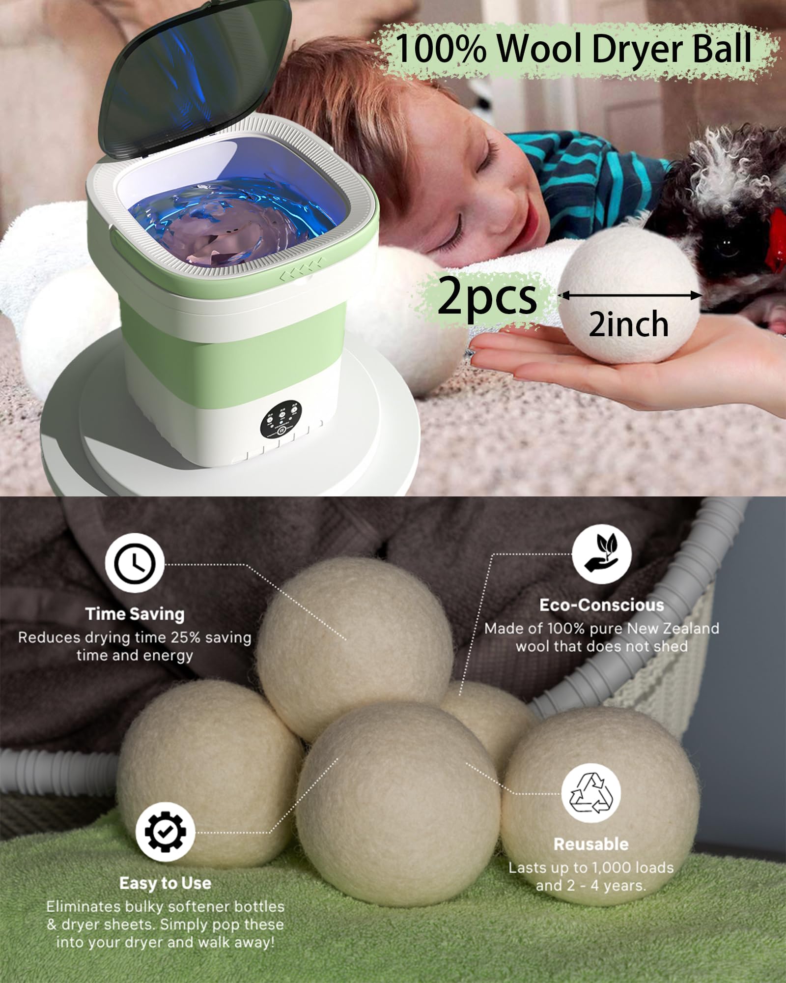 Mini Portable Washing Machine – Mini Washing Machine with 13L Large Capacity, Mini Portable washer with 2 wool dryer balls, Foldable small washing machine for underwear,socks, baby/pet clothes