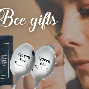 INNObeta Bee Gifts for Women, Engraved Ice Cream Spoons, 2 Pcs Stainless Steel Coffee Spoon, Queen Bee