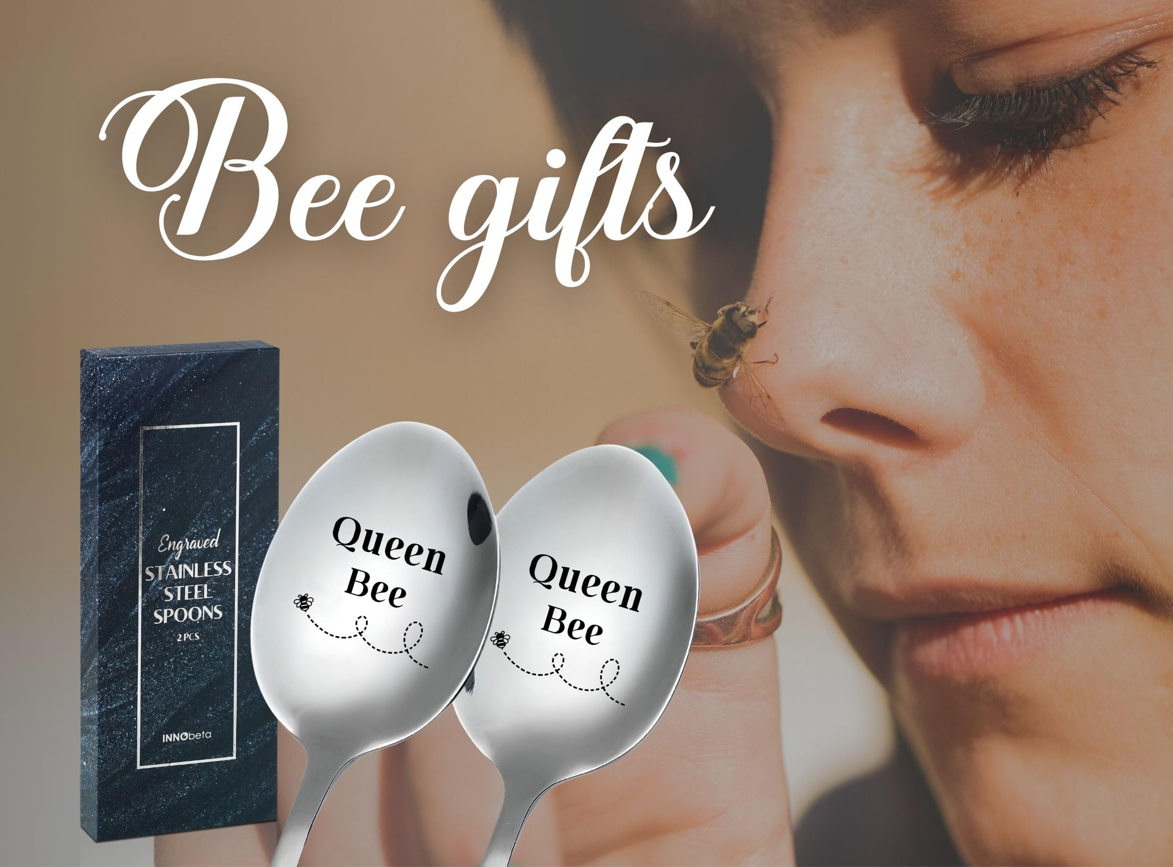 INNObeta Bee Gifts for Women, Engraved Ice Cream Spoons, 2 Pcs Stainless Steel Coffee Spoon, Queen Bee