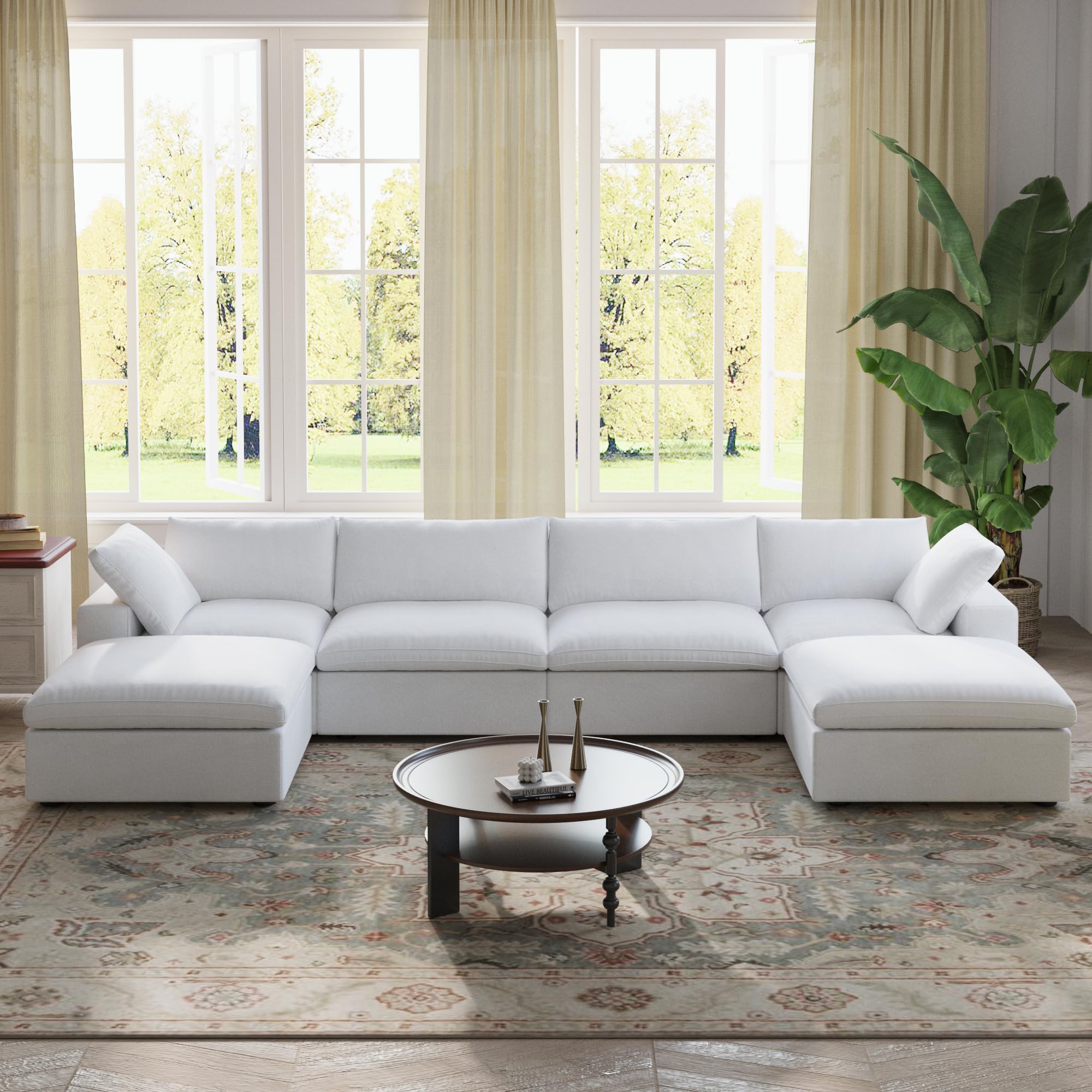 Large Modular Sectional Sofa,160.6" Cloud U-Shaped Couch,Down Filled 4 Seater with 2 Ottoman and 5 Pillows,Removable Cover &Cushion (White)