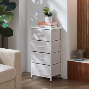 chic house 4-drawer dresser, textile storage column, bedroom, hallway, entryway, and closet organizing unit, durable metal structure, wooden surface, simple grip handles, dark charcoal (white)