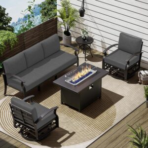 asjmr patio furniture set 5-piece aluminum armrest sofa, modern outdoor living room set with 55000 btu propane aluminum fireplace, outdoor rotary joystick with thick cushion