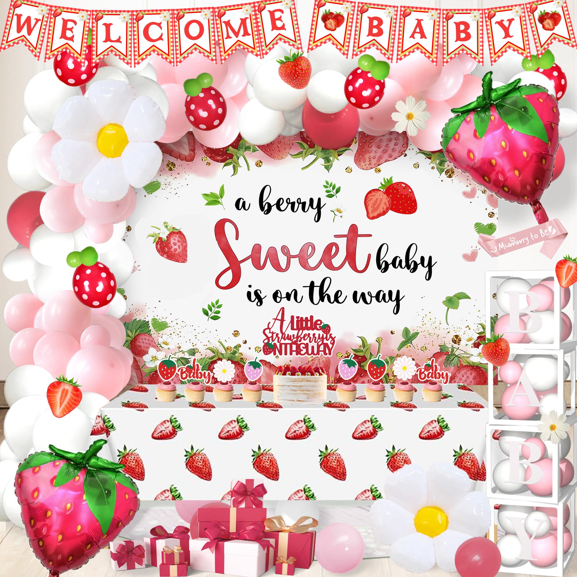 147pcs Strawberry Baby Shower Decorations Kit, A Berry Sweet Baby is on the Way Decorations Supplies, Strawberry Backdrop Tablecloth Balloon Cake Cupcake Topper Box Sash Banner for Baby Shower Girl