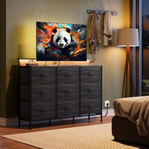 WLIVE Led Dresser for Bedroom, Wide Black Dresser TV Stand for Bedroom with LED Lights and Power Outlet, Chest of Drawers for Clothing, 9 Fabric Drawers and Wood Top for Living Room, Entryway