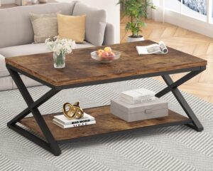 hsh wood coffee table with storage, farmhouse rustic brown coffee table for living room, modern minimalist 2 tier center table, simple rectangle cocktail tea table in home office bedroom, 39 inch