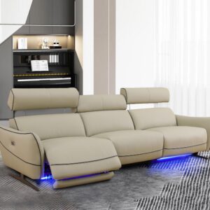 Plithzy Genuine Leather Power Recliner Sofa with LED, 114" Leather Sofa Couch with Adjustable Headrest&USB Charging, Power Reclining Sofa Living Room Furniture Set (Recliner Couch, Kachi Color)