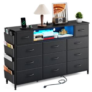 fixwal black dresser for bedroom with power outlets and led lights 11 drawers dresser with side pocket for kids bedroom, fabric chest of drawers, for 60inch tv long dresser storage organizer