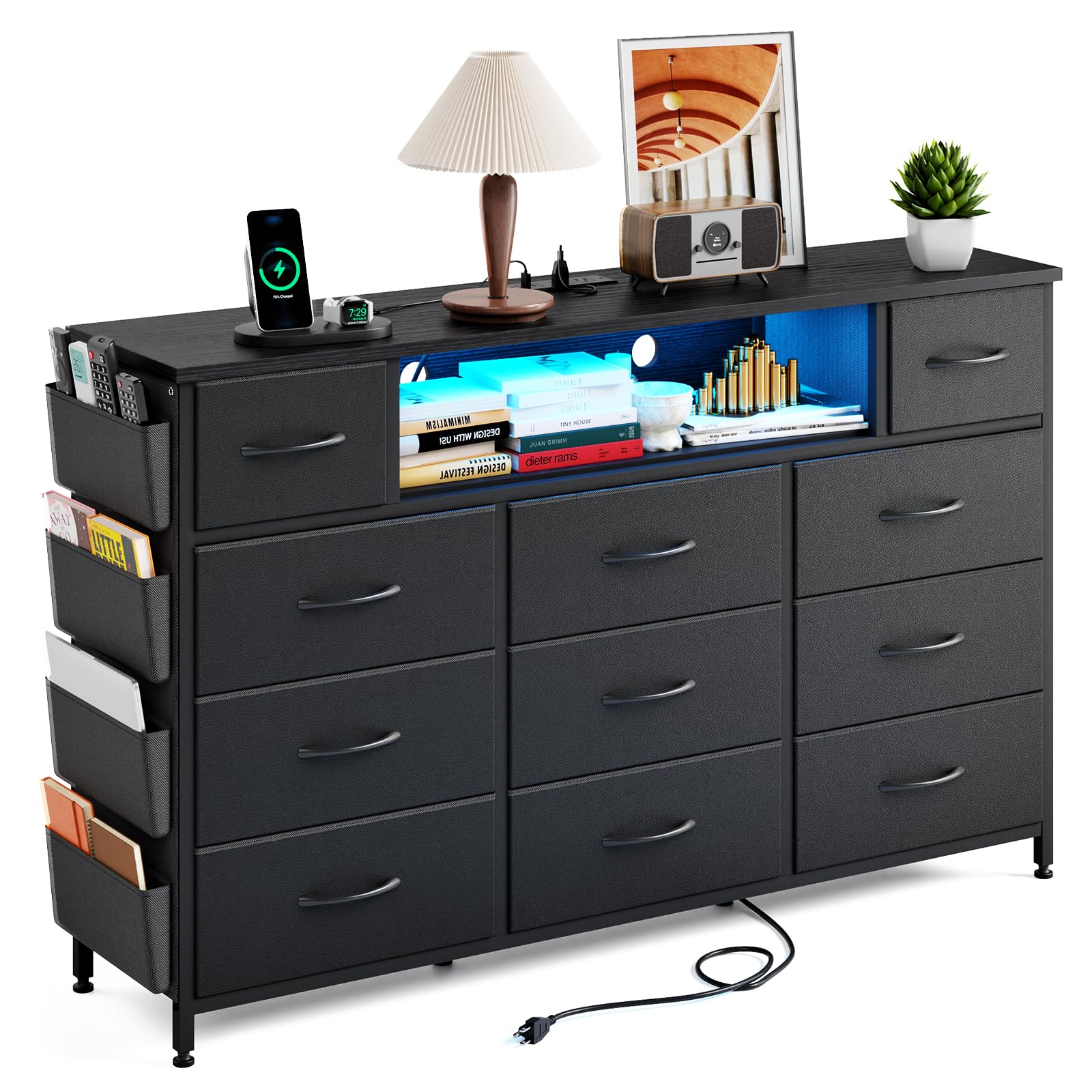 Fixwal Black Dresser for Bedroom with Power Outlets and LED Lights 11 Drawers Dresser with Side Pocket for Kids Bedroom, Fabric Chest of Drawers, for 60inch TV Long Dresser Storage Organizer