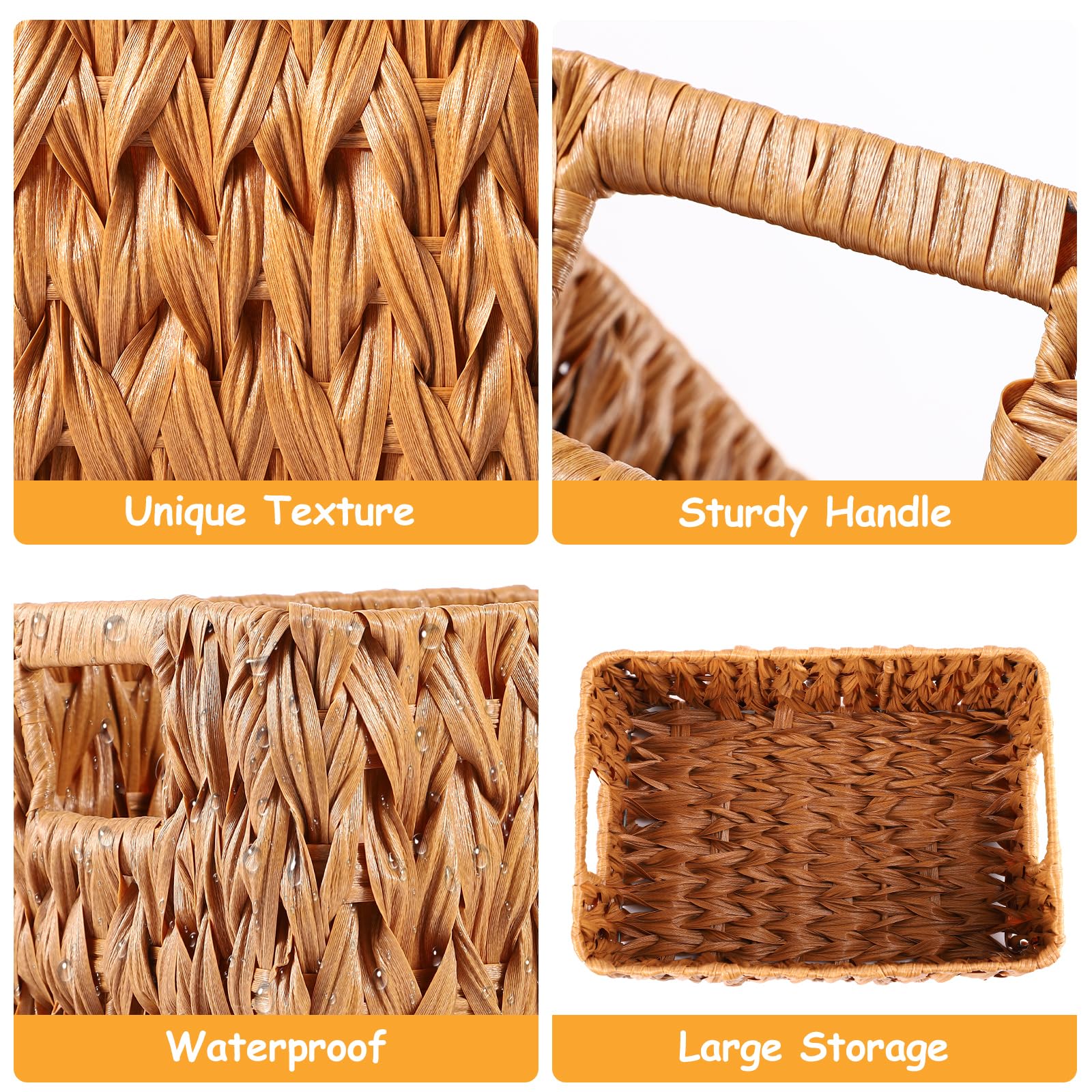 XLHOMO Bathroom Wicker Baskets Large for Shelves, Organizing, Waterproof Woven Storage with Handle for Toilet Shelf Baskets, Laundry Room, 3-Pack (Caramel, Large)