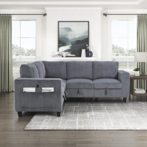 lexicon modular sectional sofa for living room, corduroy sofa couch with storage pouches, and charging port, customizable sectional sofa couch for living room furniture, 5 seater l-shaped couch, grey