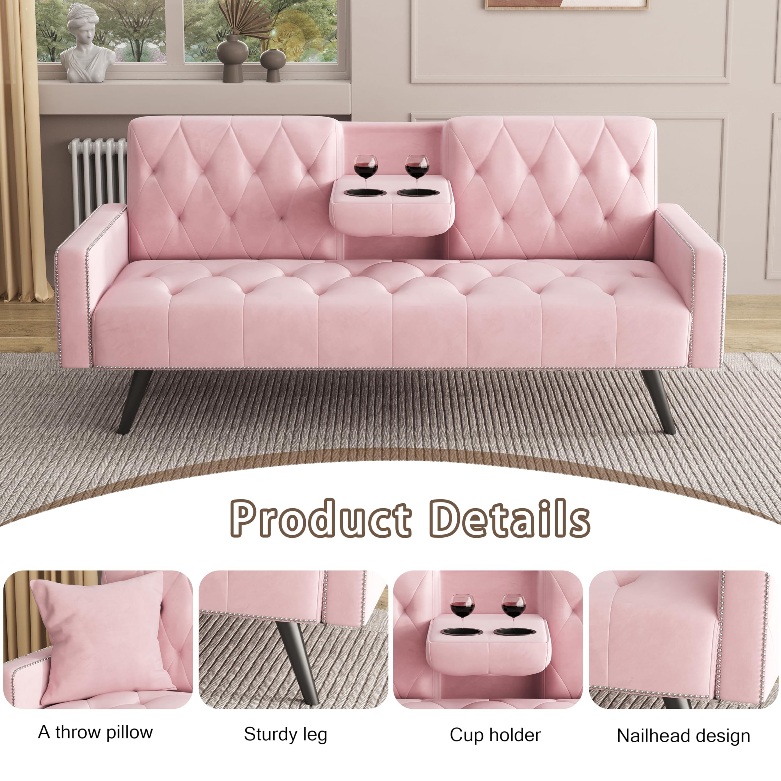 BKSFOAA Pink Futon Sofa Bed, Convertible Futon Sofa with Cup Holders and Nail Head Trim | Velvet Sofa for Small Spaces, Living Room, Dorm, Office