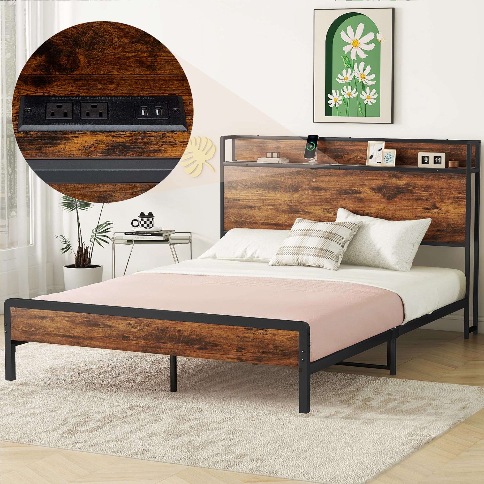 Full Size Bed Frame with Headboard and Storage Shelf, Metal Bed Frame with Charging Station(USB Port, Outlets), No Box Spring Needed, Noise Free, Full Bed Frame Rustic Brown (Rustic Brown, Full)