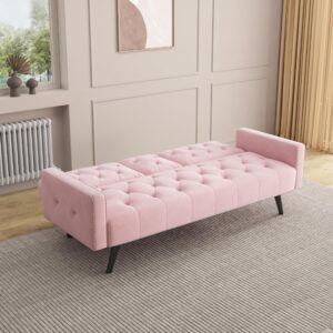 BKSFOAA Pink Futon Sofa Bed, Convertible Futon Sofa with Cup Holders and Nail Head Trim | Velvet Sofa for Small Spaces, Living Room, Dorm, Office