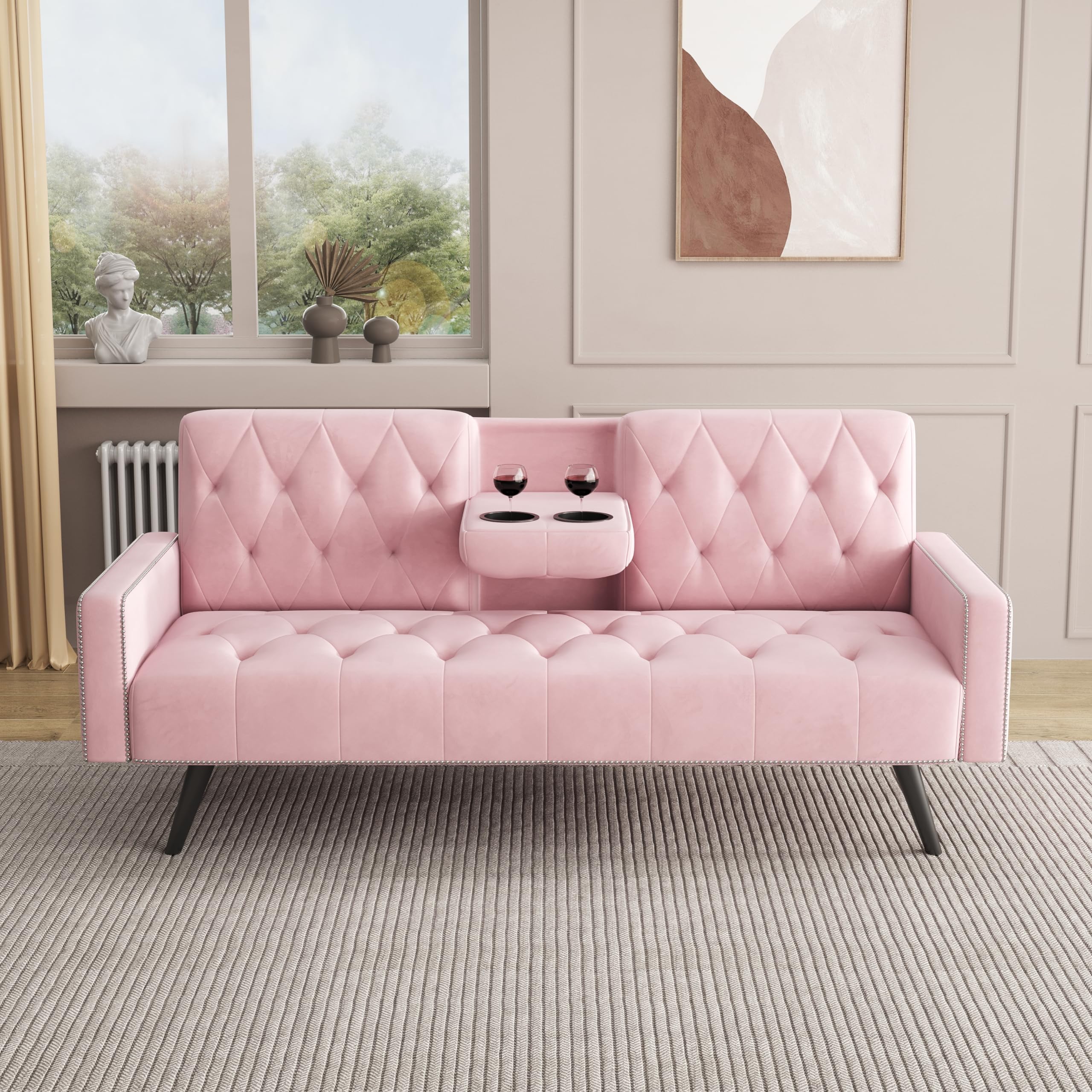 BKSFOAA Pink Futon Sofa Bed, Convertible Futon Sofa with Cup Holders and Nail Head Trim | Velvet Sofa for Small Spaces, Living Room, Dorm, Office