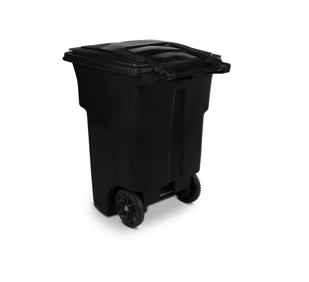 Generic 96 Gallon Black Outdoor Rolling Garbage/Trash Can with Wheels and Attached Lid ZP01730, like an amage