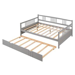 Merax Full Size Daybed Wood Bedframe with Twin Size Trundle and Guardrail for Girs and Boys Bedroom