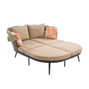 EOVTK Patio Daybed Double Chaise Lounge with Retractable Canopy, Cushions and Metal Frame, Outdoor PE Wicker Back Loveseat Sofa Set for Backyard, Poolside, Garden, Brown