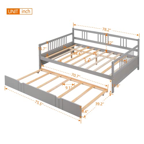 Merax Full Size Daybed Wood Bedframe with Twin Size Trundle and Guardrail for Girs and Boys Bedroom