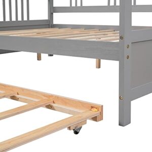 Merax Full Size Daybed Wood Bedframe with Twin Size Trundle and Guardrail for Girs and Boys Bedroom